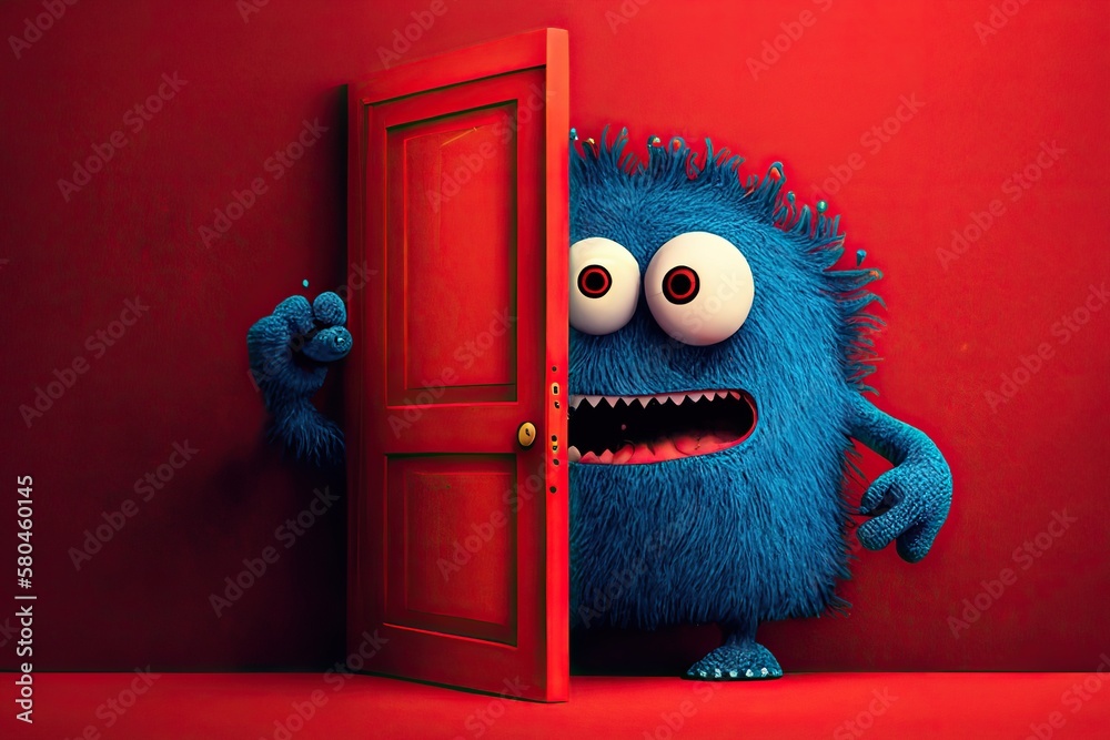 Funny monster opens red wooden door, concept of Surreal and Colorful ...