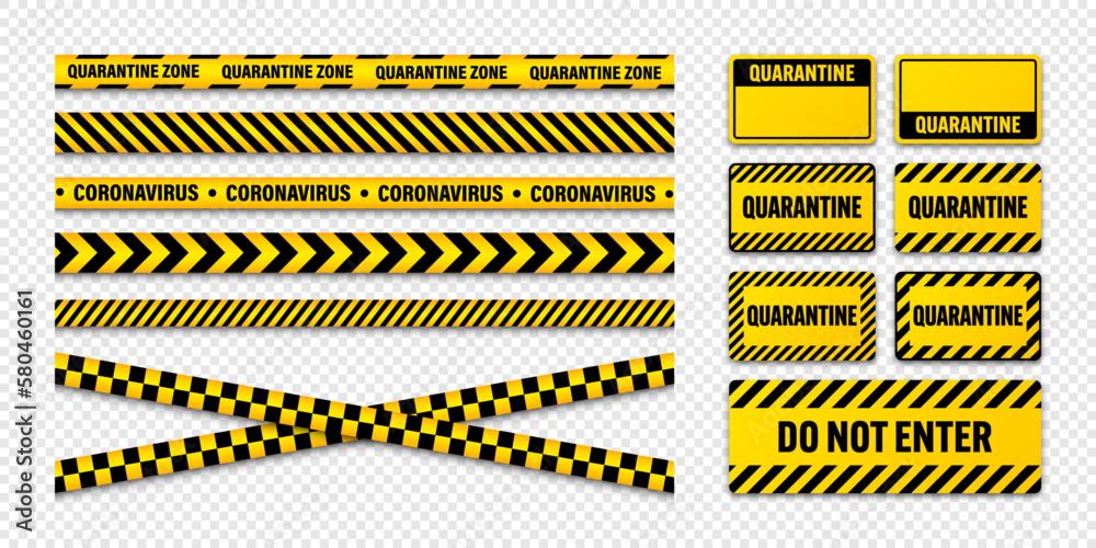 Various quarantine zone warning tapes and shields. Novel coronavirus ...