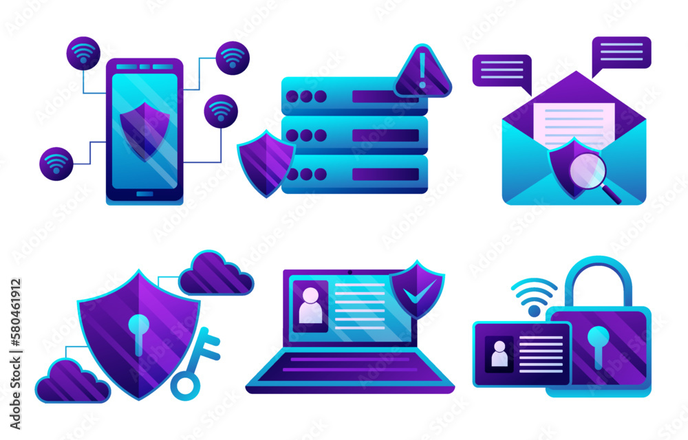 Digital Data Protection Design Element Vector Cyber Security Illustration Set Cloud Computing