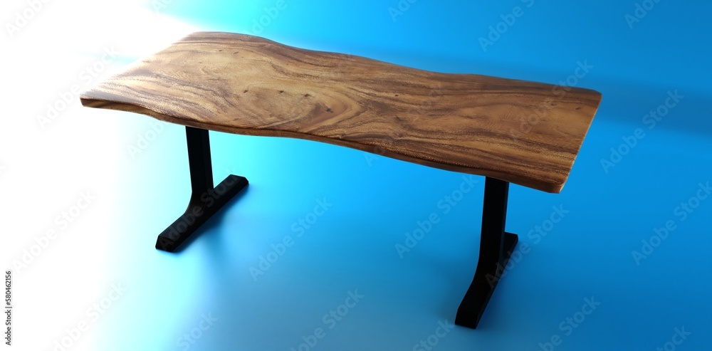 Wooden lacquered table with black metal legs on blue background. Modern ...