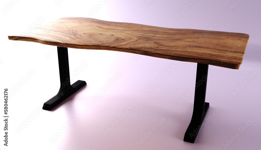 Wooden lacquered table with black metal legs on white background ...