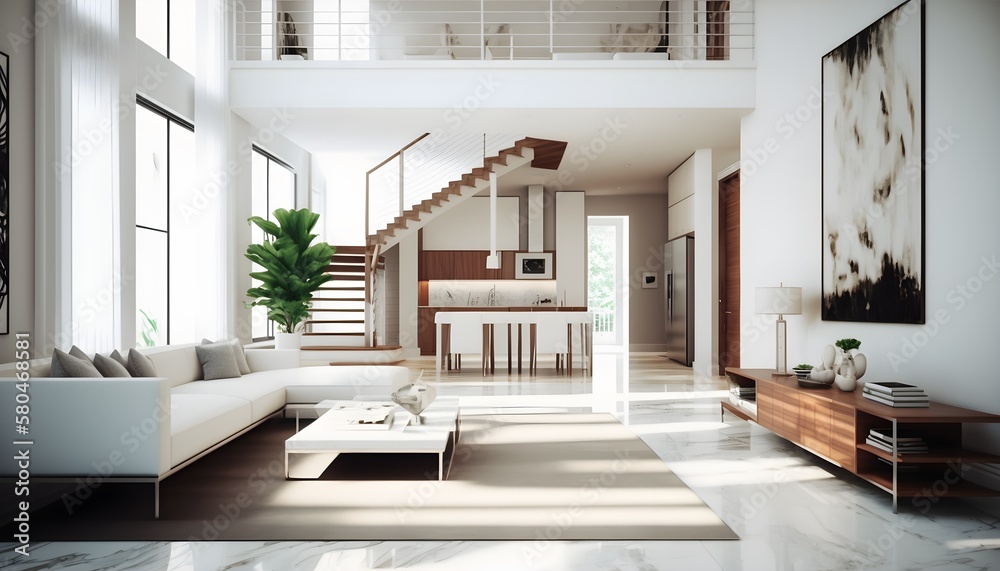 Elegant modern interior condominium with, contemporary Miami style architecture, white finish ...