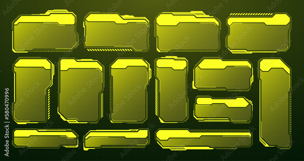 Yellow futuristic HUD, UI elements. Sci-fi user interface text boxes ...