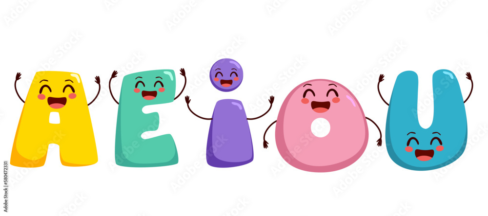 Vector illustration of vowels mascot characters. Education elements ...