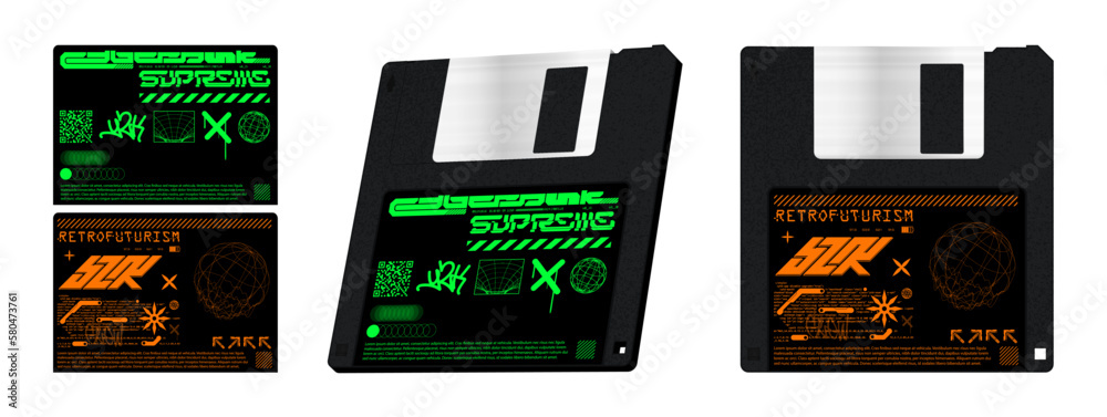 Floppy disk 3D mockup with Futuristic letterings and abstract shapes ...