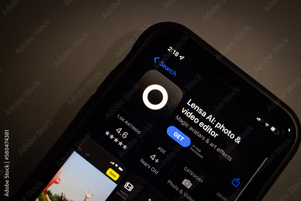 Vancouver, CANADA - Feb 26 2023 : Lensa app seen in App Store in an iPhone screen. Lensa AO is ...