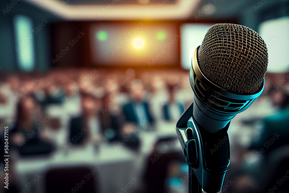 Microphone on stage in concert hall or conference room with attendee ...