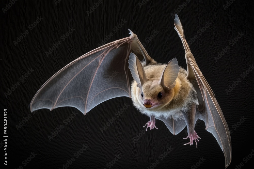 A bat is flying against a black background. The grey long eared bat ...