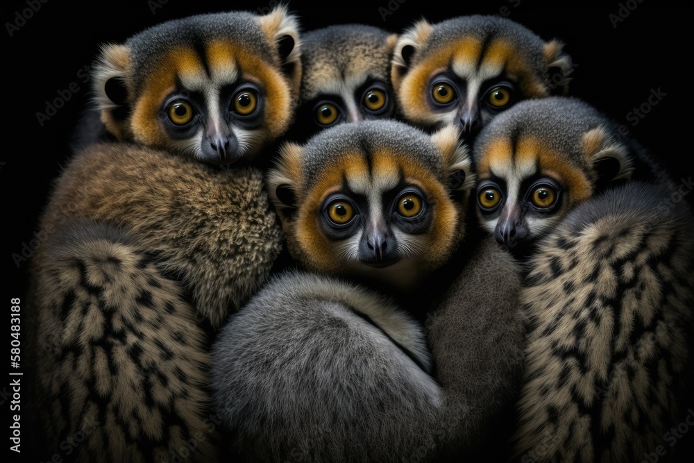 A bunch of cat lemurs huddled together to sleep for the night. The ...