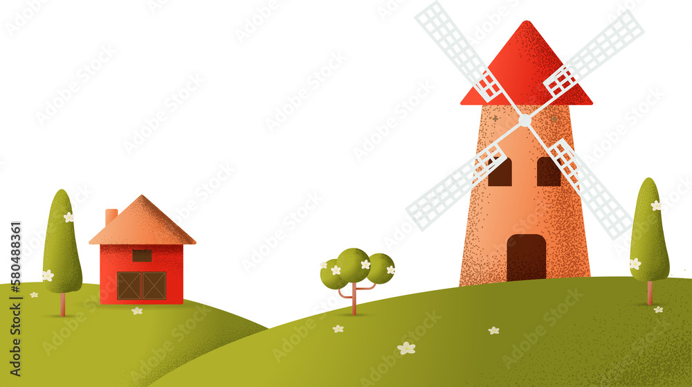 Cartoon farm field green seeding field, red barn on a green farmers ...