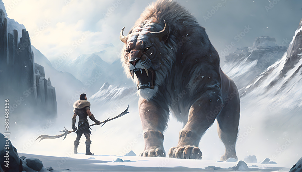 hunter holding spear encounters sabertooth smilodon on snowy 🏔️ ...
