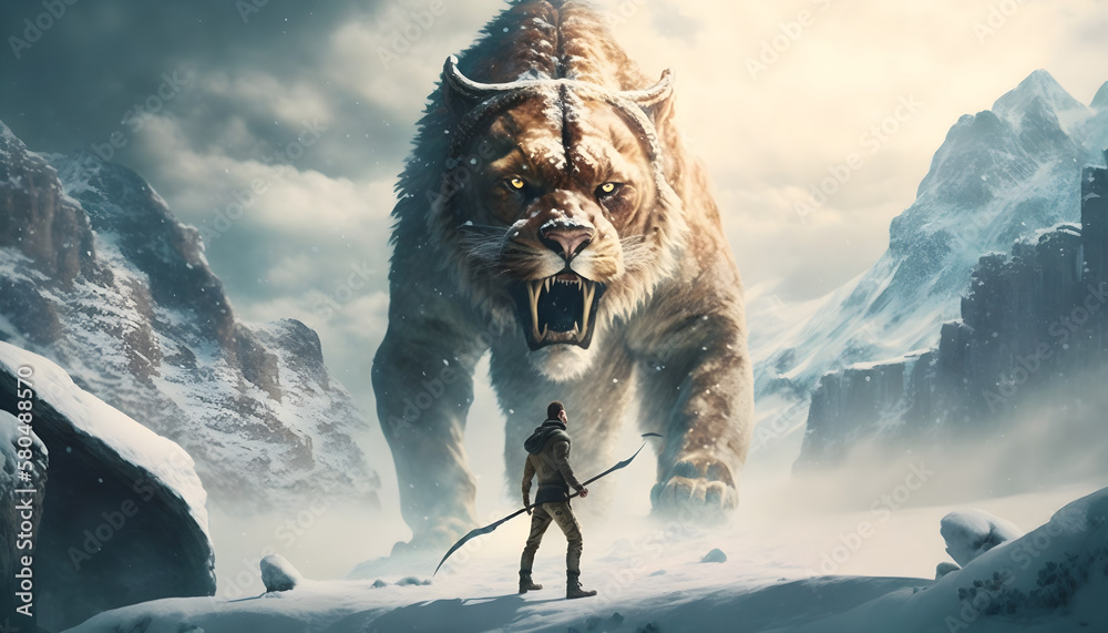 hunter holding spear encounters sabertooth smilodon on snowy 🏔️ Mountaintop pass, snowy peaks ...