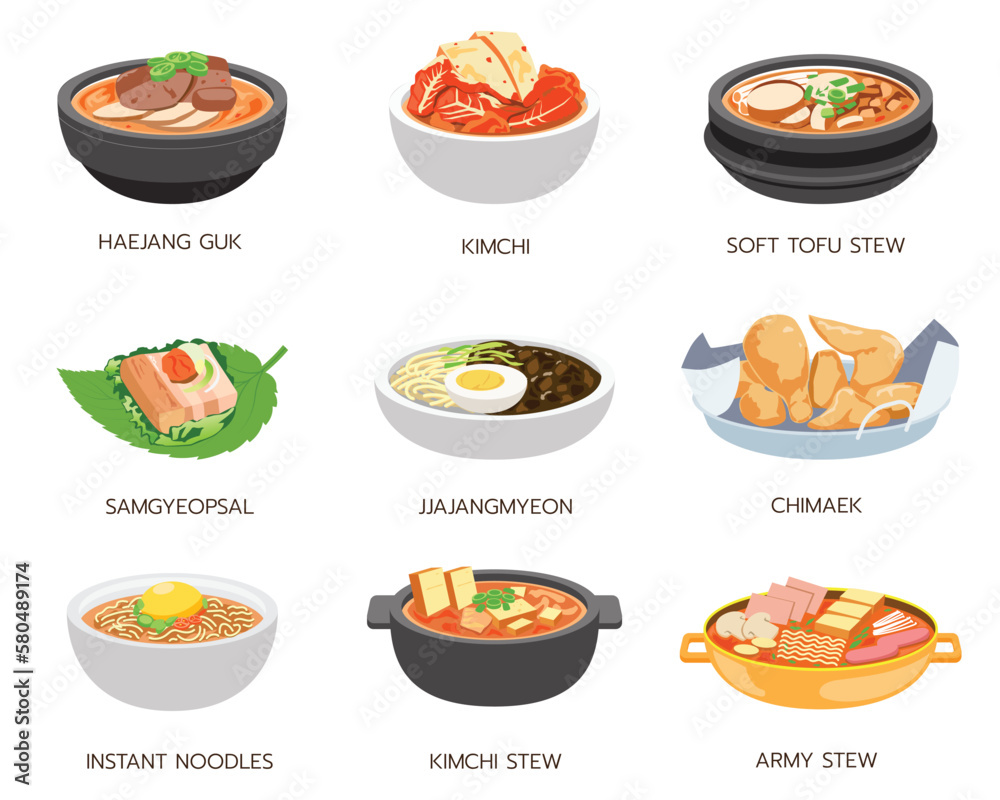 Popular korean food menu set 1 with list below pictures. Stock Vector ...