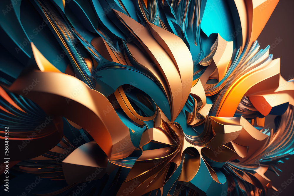 Shimmering metallic abstract shapes in a 3D-rendered design with ...