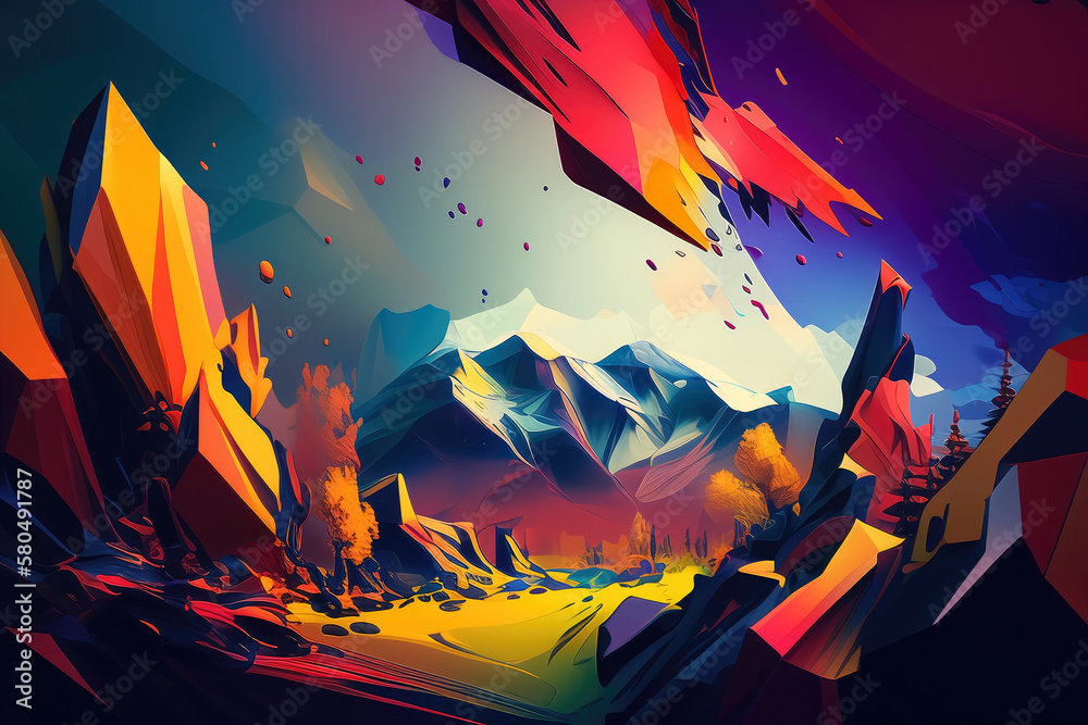 Bold and vibrant abstract landscape with blurred shapes in vivid hues, capturing the energy and ...