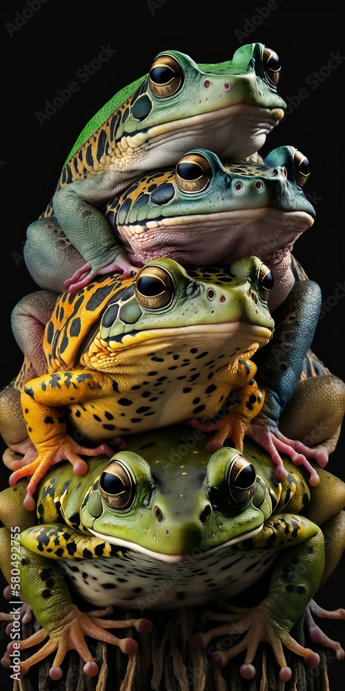 Bright team flock of marsh frogs, summer collection. Toad on toad. Lots ...