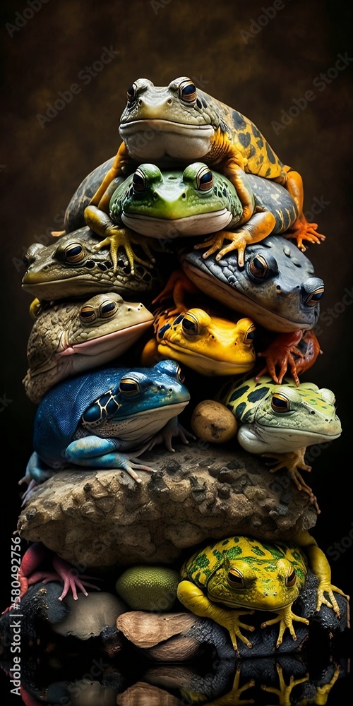 Bright team flock of marsh frogs, summer collection. Toad on toad. Lots ...