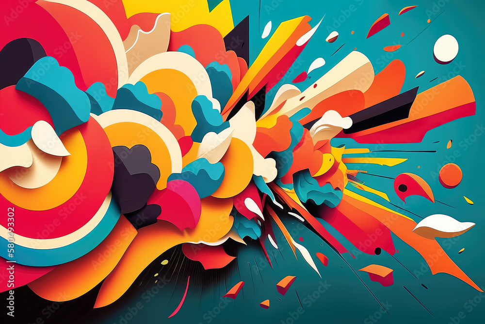 riot of playful shapes in bright and cheerful colors bounce around a ...