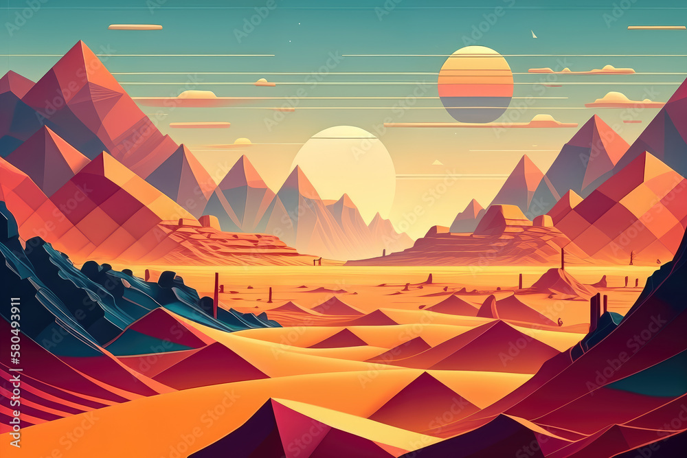 Pixelated landscape with blocky shapes and gradients in a desert color ...