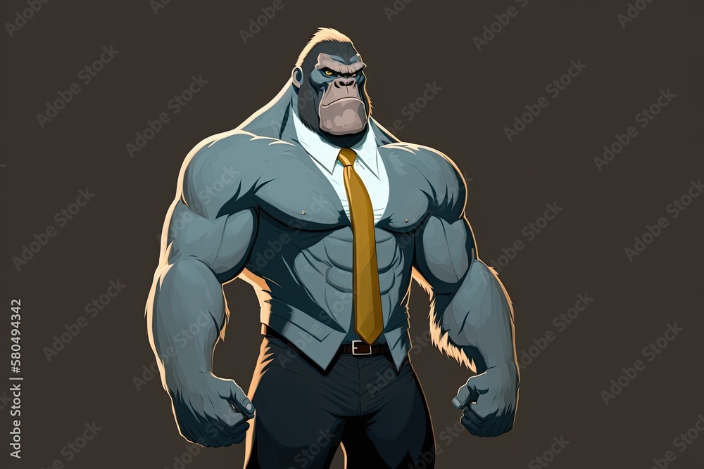 A picture of a gorilla bodyguard with big muscles and a proud stance ...