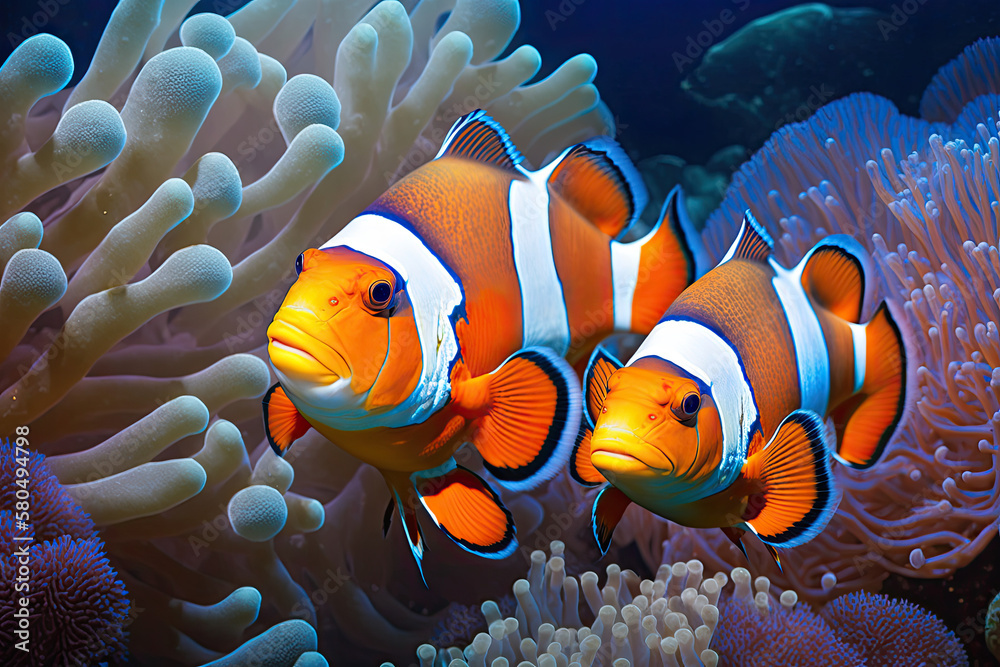 Beautiful fish on the seafloor and coral reefs are the clown fishes and ...