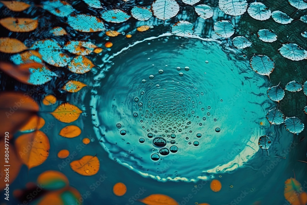 Circles of water puddles in the rain, an abstract aqua backdrop with an ...