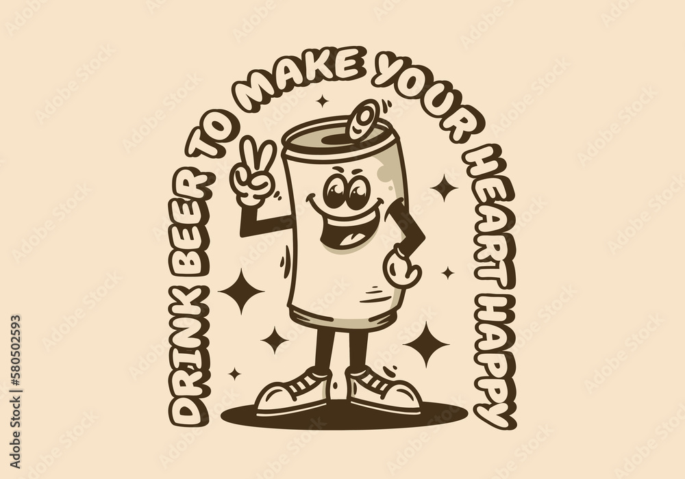 Mascot character of a standing beer can with hands forming a peace ...
