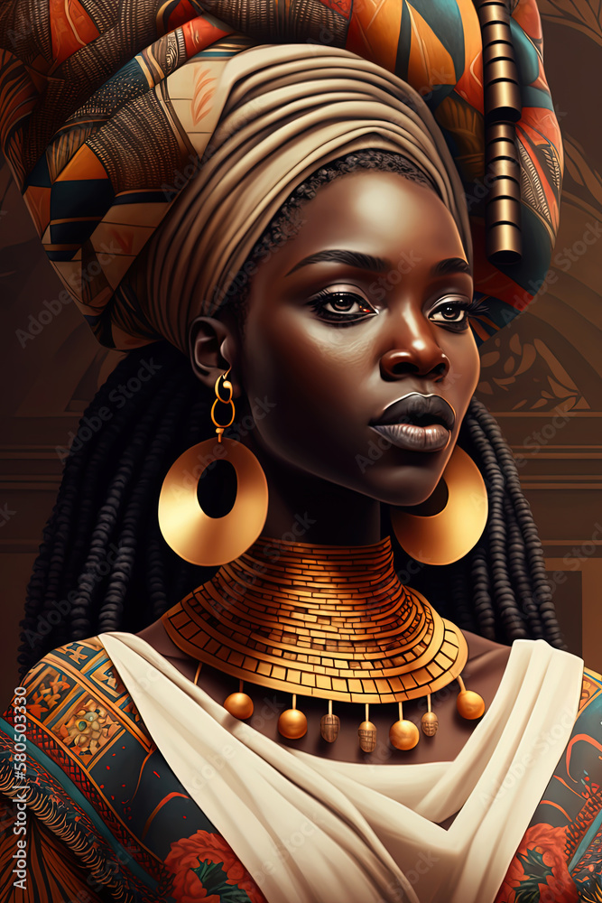 A beautiful African model in traditional attire, set against a landmark ...