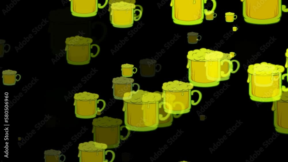 Horizontal video of many beer mugs in yellow color animated falling ...