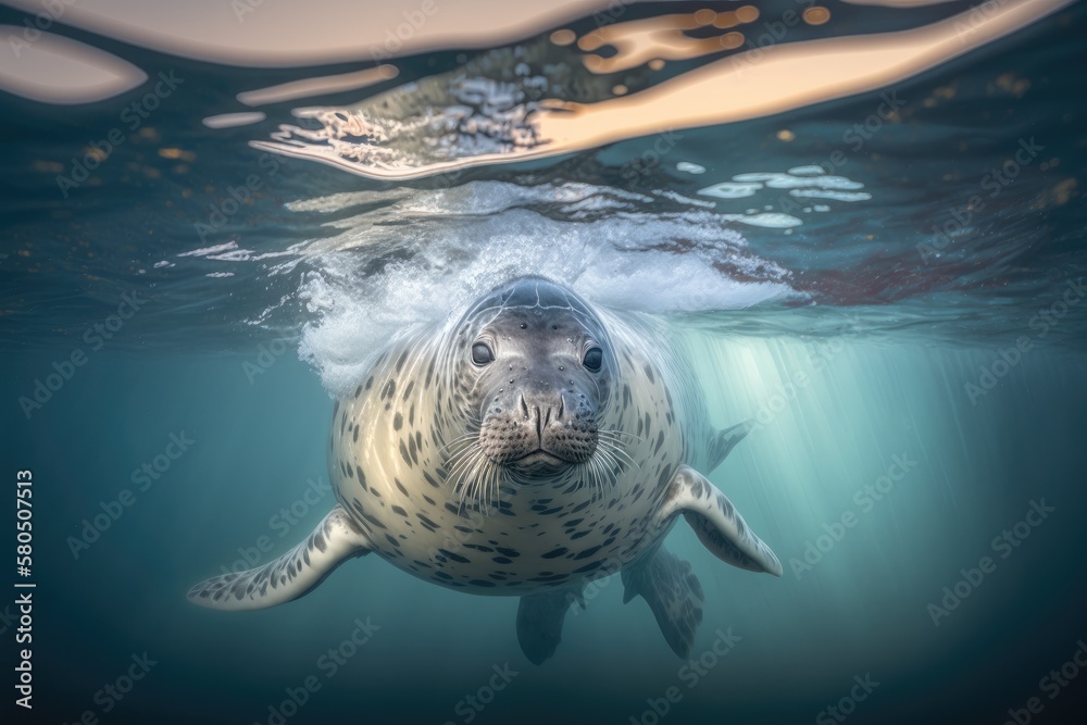 Atlantic Grey Seal, Halichoerus grypus, swimming in the ocean waves ...