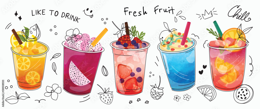 Fresh smoothies and sparkling drinks design with cute doodle decoration ...