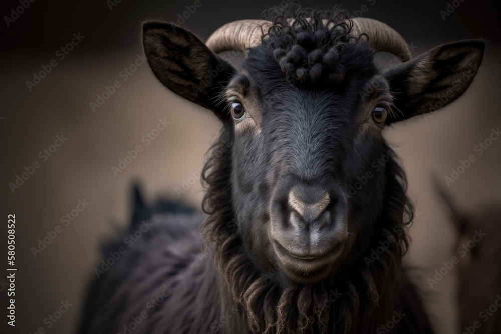 Funny goat. Close up portrait of the head of a black goat that looks ...