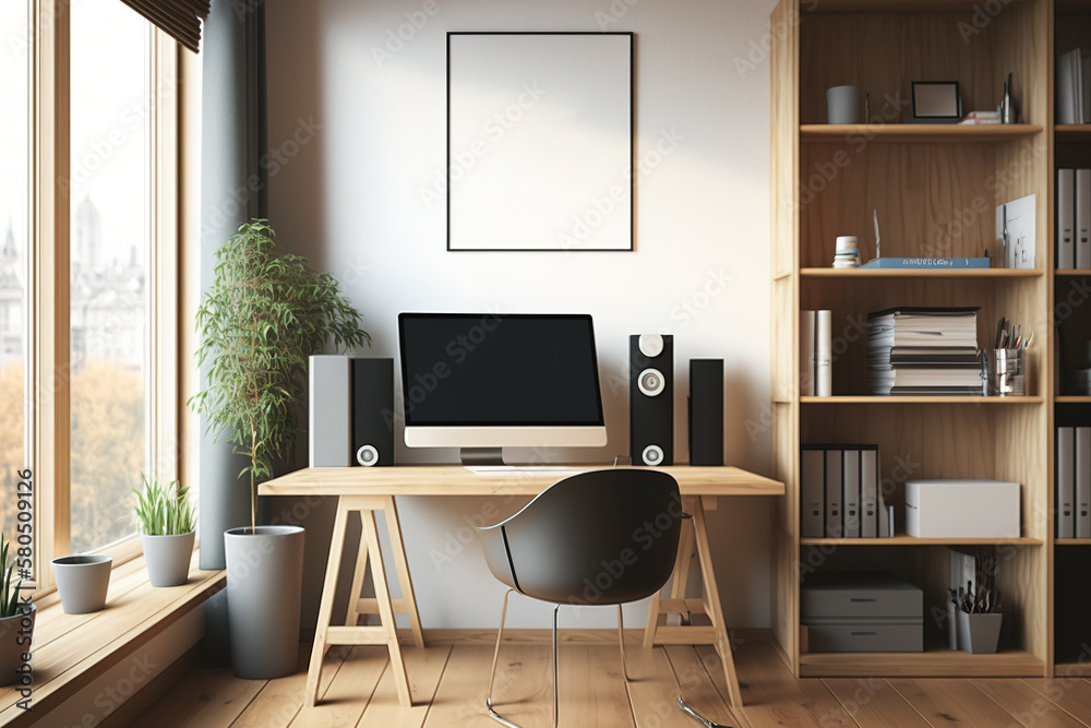 Large windows, a wooden floor, and a desk with a computer adjacent to a ...