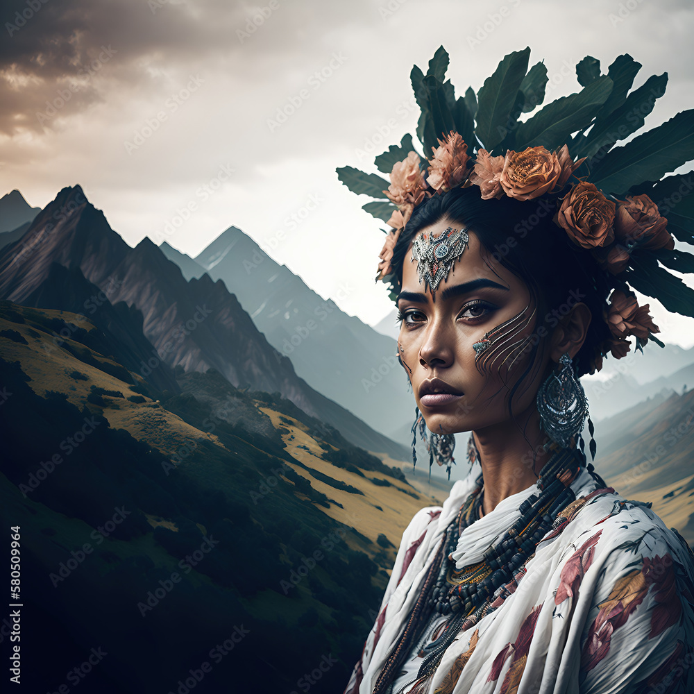 beauty of the Native American woman in a portrait with the majestic ...
