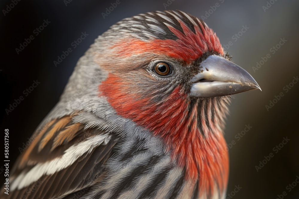 A close up of the face of a male house finch. Its feathers are bright ...