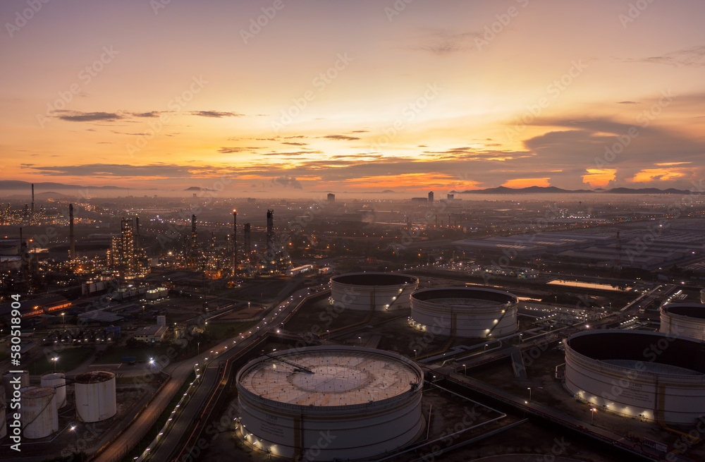 Aerial view drone of oil storage tank with oil refinery factory ...