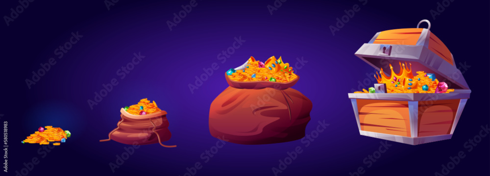 Cartoon set of treasure pile, sack and chest isolated on dark blue ...