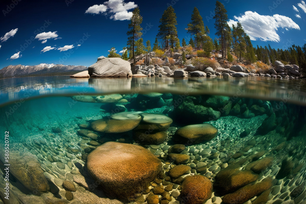 Photorealistic ai artwork of an overwater underwater photo of a clear ...