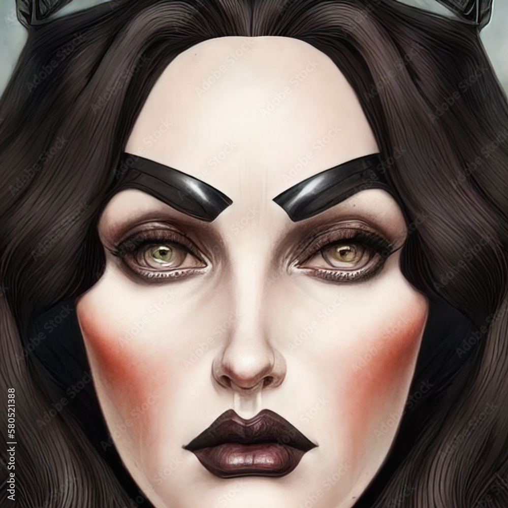 Dark Haired Goth Queen on knees psychopathic stare, Artgerm, mystical ...