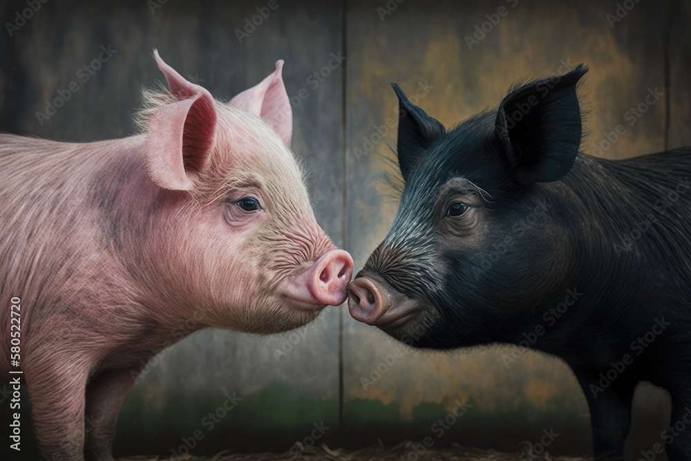 Pink and black pigs kissing on the farm shows love and friendship ...