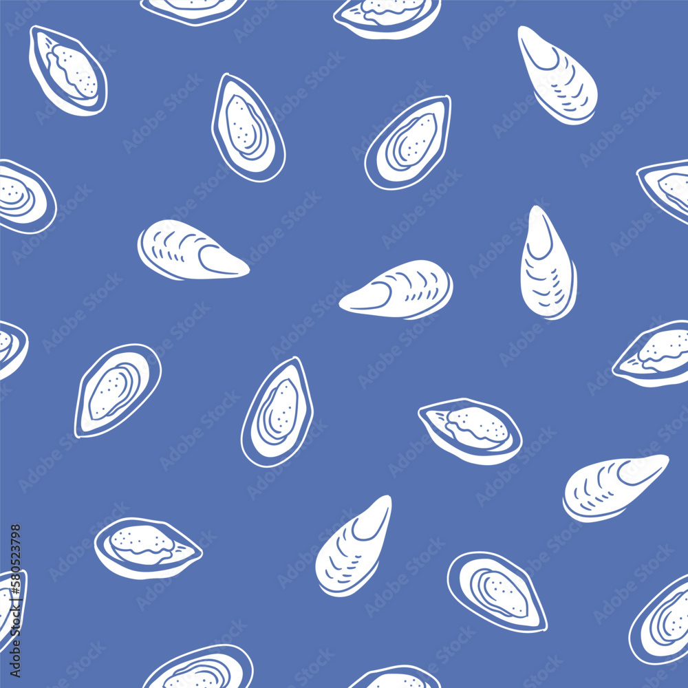 Seamless pattern with mussels in flat style. Vector monochrome repeated ...
