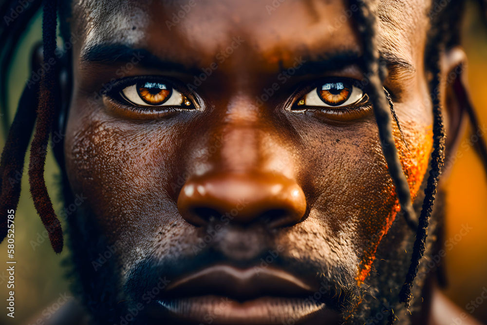 African American male face close-up, expressive look with brown eyes ...