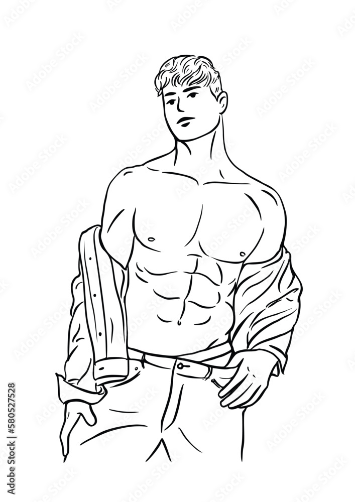 Vector black and white illustration with athletic young athletic man in ...