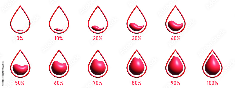 Blood Water droplet Level Gradient Chart Bars Template. 10% to 100% ...