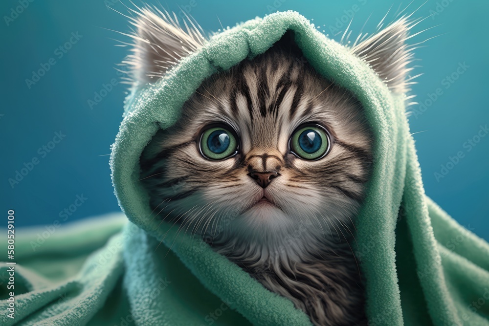 Funny wet gray tabby kitten with big eyes after a bath, wrapped in a ...
