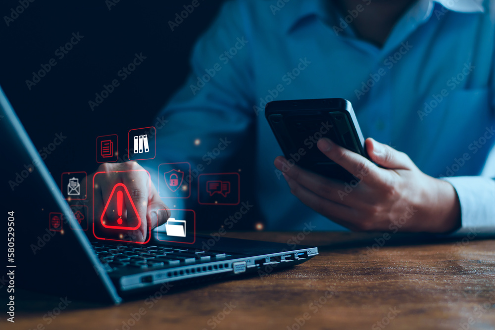 System warning hacked alert, cyber attack on computer network ...