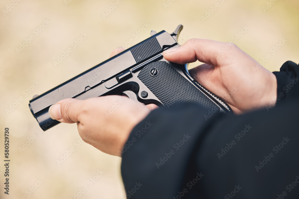 Foto de Weapon, pistol and hands with gun outdoor for police, military ...