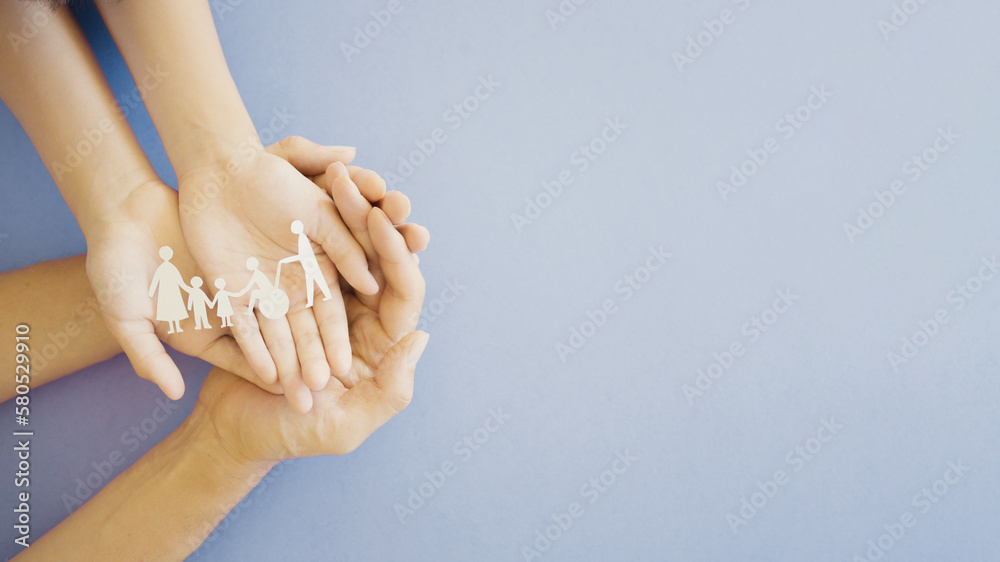 Hands holding diversity family, happy carer and volunteer, disable ...