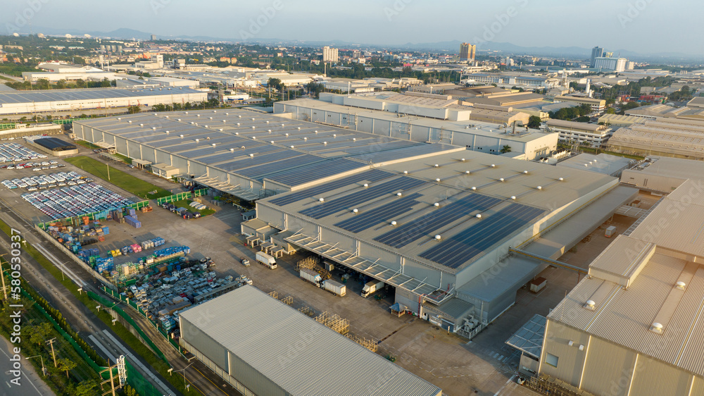 Top view Solar Panels on Warehouse Factory. Solar photo voltaic panels ...
