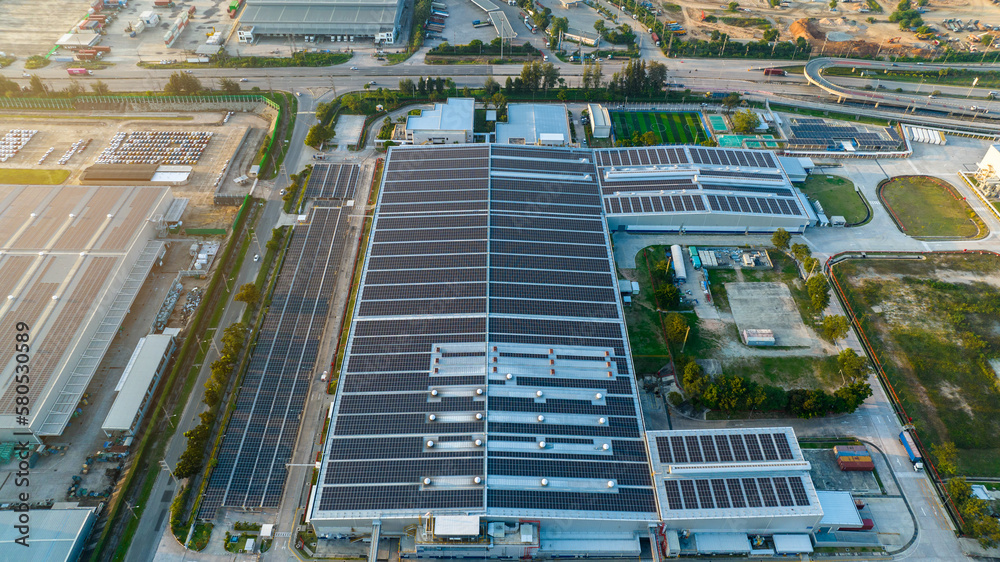Top view Solar Panels on Warehouse Factory. Solar photo voltaic panels ...